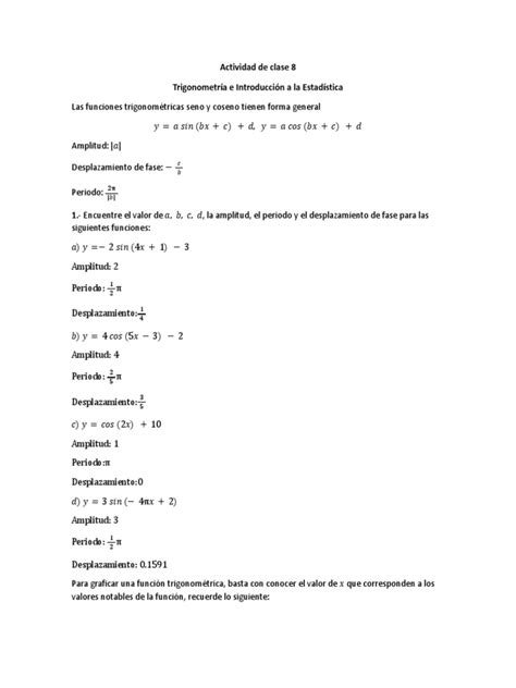 Actividad De Clase 8 Gráfica De Las Funciones Seno Y Coseno Pdf Funciones Trigonométricas