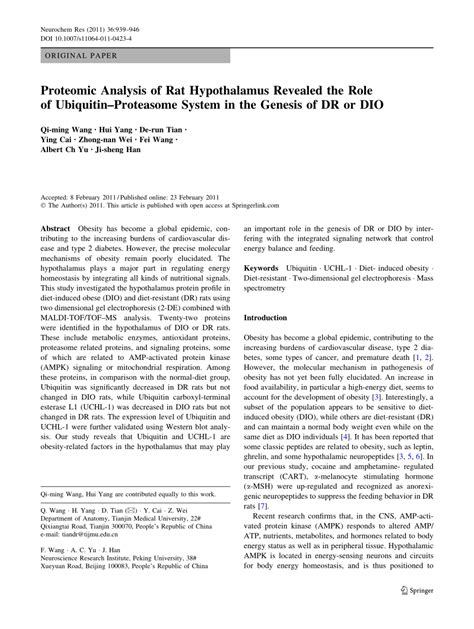 Pdf Proteomic Analysis Of Rat Hypothalamus Revealed The Role Of