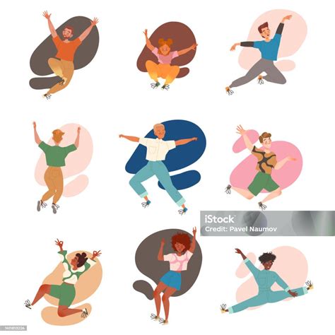 기쁨으로 점프하는 행복한 사람들 캐릭터 흥분 벡터 세트 남자에 대한 스톡 벡터 아트 및 기타 이미지 남자 미소 벡터 Istock