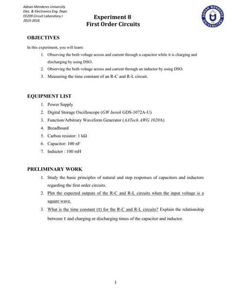 First Order Circuits Experiment R C R L Analysis