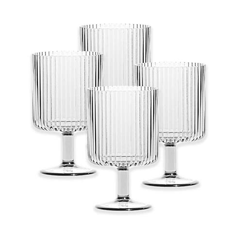 Acrylic Plastic 15oz Ribbed Drinking Goblet Stacking Wine Glasses Set Of 4