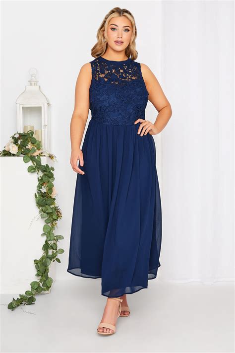 Plus Size Yours London Curve Navy Blue Lace Front Chiffon Maxi Dress
