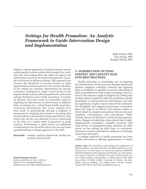 Pdf Settings For Health Promotion An Analytic Framework To Guide
