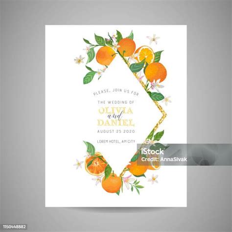 식물 결혼식 초대장 빈티지 날짜 오렌지의 템플릿 디자인 감귤 류 과일 꽃과 잎 꽃 그림을 저장 합니다 벡터 유행 커버 그래픽 포스터 브로셔 0명에 대한 스톡 벡터 아트 및