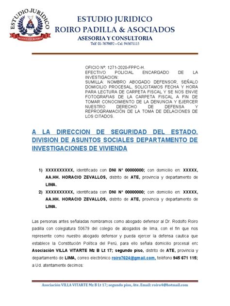 Modelo De Apersonamiento Nombro Abogado Defensor Y Señalo Domicilio