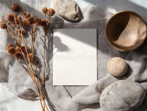 Natural Flatlay With Blank Card Linen Fabric Dried Flowers And Stones
