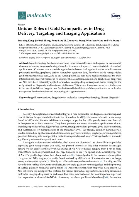Pdf Unique Roles Of Gold Nanoparticles In Drug Delivery Targeting