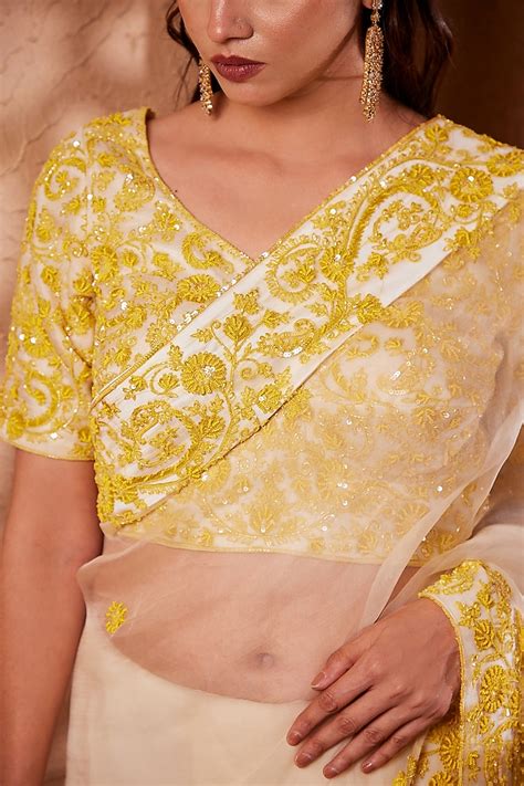 Ivory And Yellow Organza Embroidered Saree Set Design By Heritage Couture