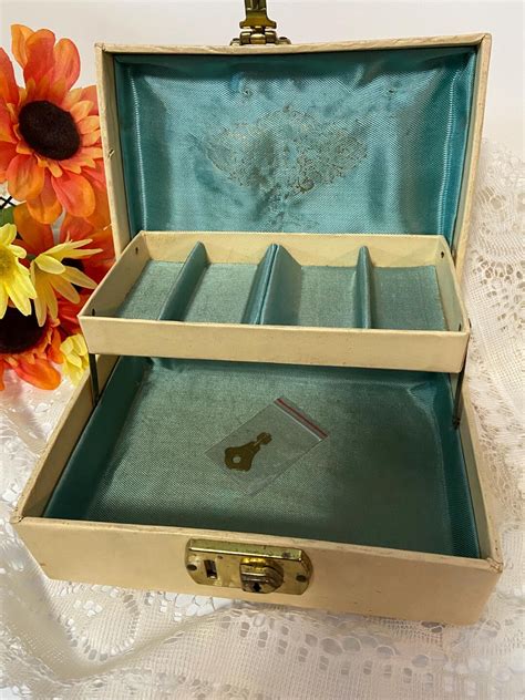 Vintage Hinged Locking Jewelry Box 2 Tier With Key Blue Satin Lining