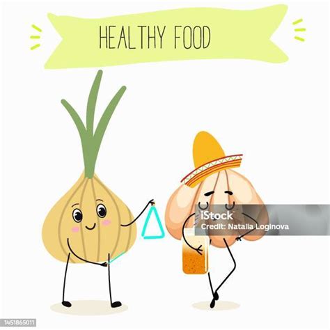 재미있는 양파와 마늘 캐릭터가 있는 그림 재미 있고 건강한 음식 비타민 귀여운 얼굴을 가진 음식 재료 산화 방지 채식주의 자 벡터 만화 감정에 대한 스톡 벡터 아트 및 기타