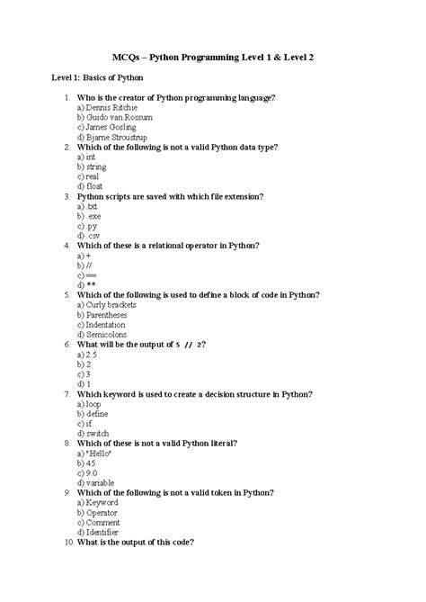 Ai Python Mcq Level 1 And Level 2 Programming Basics Studocu