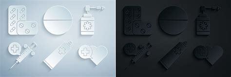 연고 크림 튜브 약 노즐 스프레이가 있는 의료 병 주사기 바늘 심장 십자가 약 알약 또는 정제 및 알약 물집 팩 아이콘을 설정합니다 벡터 3차원 형태에 대한 스톡 벡터 아트