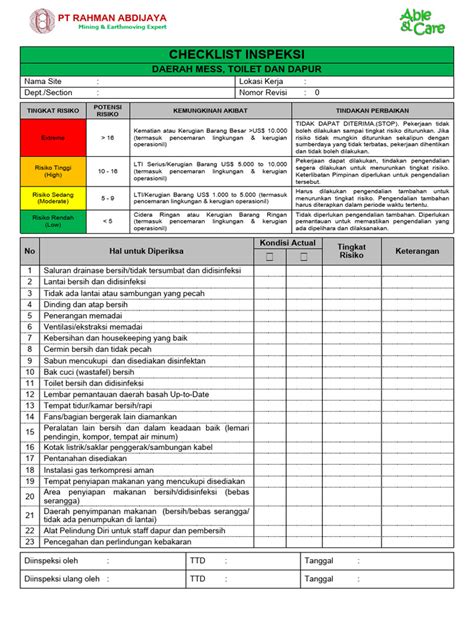 Hse 11 F018 R0 Form Checklist Inspeksi Daerah Mess Toilet Dan Dapur Pdf