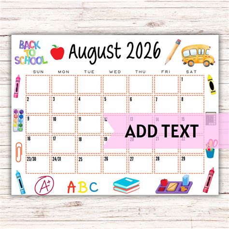 Editable Printable August Calendar 2026 Back To School Calendar