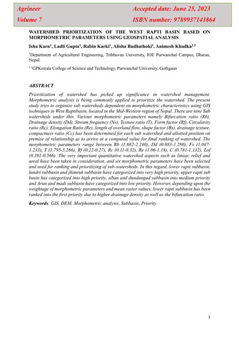 Pdf Watershed Priortization Of The West Rapti Basin Based On Morphometric Parameters Using