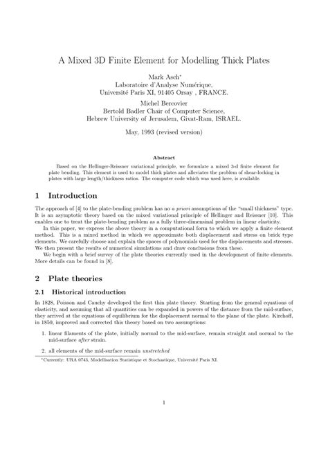 Pdf A Mixed 3d Finite Element For Modelling Thick Plates