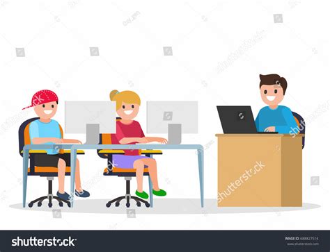 Pupils Computer Class Teacher Vector Illustration Stock Vector Royalty