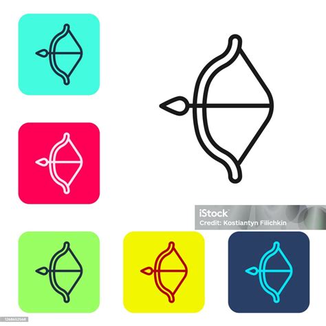 흰색 배경에 고립 된 검은 줄 중세 활과 화살표 아이콘 중세 무기 색상 정사각형 단추로 아이콘을 설정합니다 벡터 개념에 대한 스톡 벡터 아트 및 기타 이미지 Istock