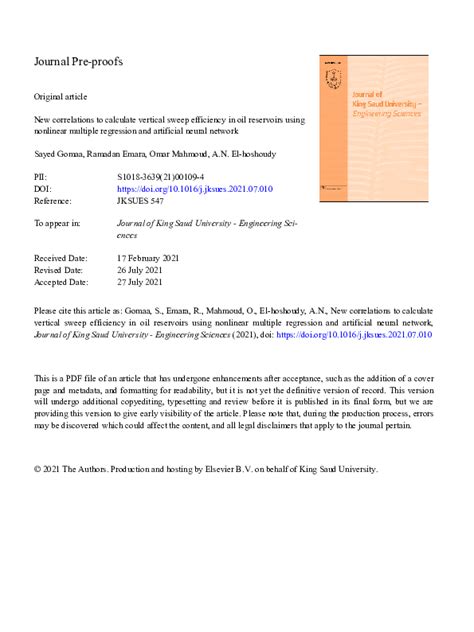 Pdf New Correlations To Calculate Vertical Sweep Efficiency In Oil Reservoirs Using Nonlinear