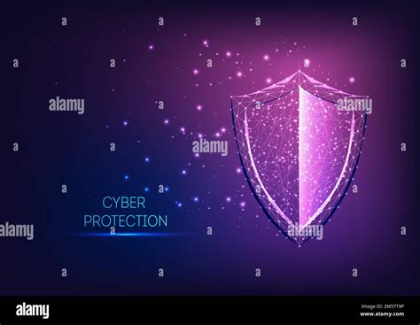 Futuristic Glowing Low Polygonal Guard Shield Symbol Isolated On Dark Blue To Purple Gradient