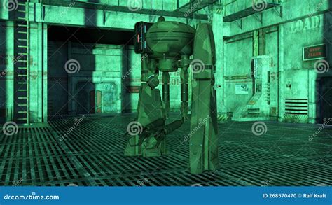 3d Illustration Of A Biped Droid Or Robot In A Science Fiction Starship