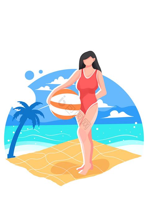 夏天女孩海滩海边插画png下载 包图网
