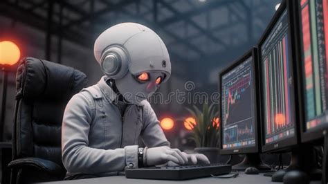 robot analysis in a modern workspace with glowing screens displaying