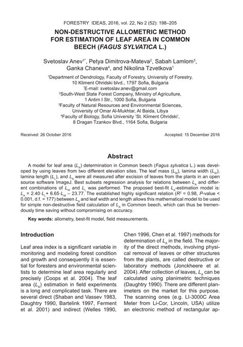 Pdf Non Destructive Allometric Method For Estimation Of Leaf Area In Common Beech Fagus