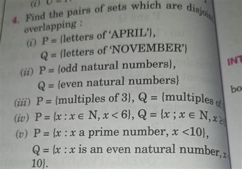 4 Find The Pairs Of Sets Which Are Disjoin Overlapping I P { Letters