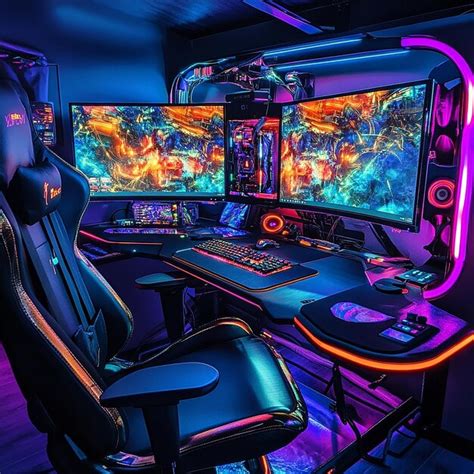 Futuristic Gaming Rig With Dual Monitors And Neon Lighting Premium Ai Generated Image
