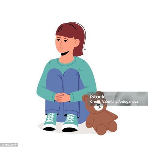 외로움을 느끼는 어린 소녀 무관심 우울증 곰 장난감으로 혼자 노는 아이 걱정하는에 대한 스톡 벡터 아트 및 기타 이미지 걱정하는 고독 개념 고독 부정적인 감정 표현