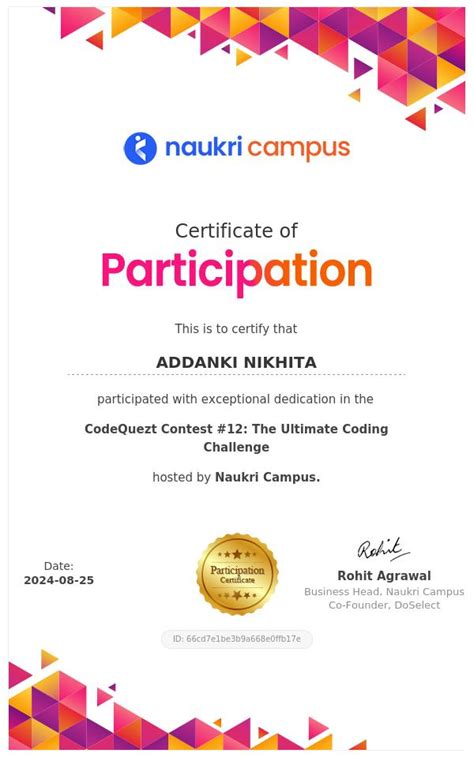 Nikhita Addanki On Linkedin Certificate Of Participation In Codequezt Contest 12 The Ultimate