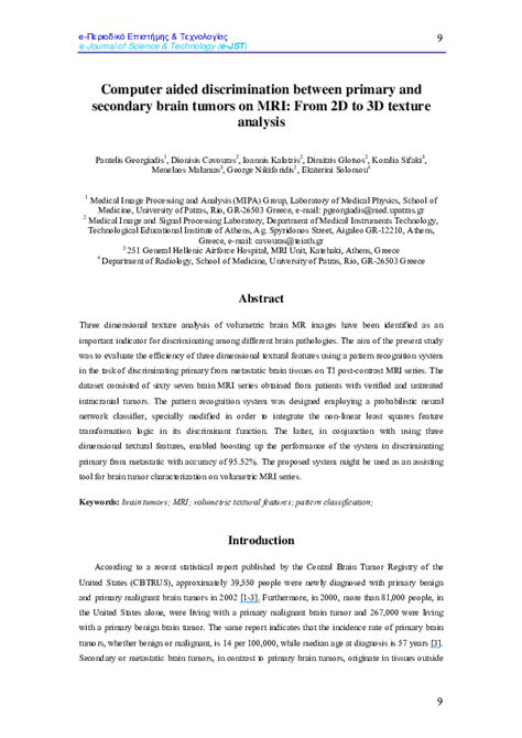 Pdf Computer Aided Discrimination Between Primary And Secondary Brain Tumors On Mri From 2d
