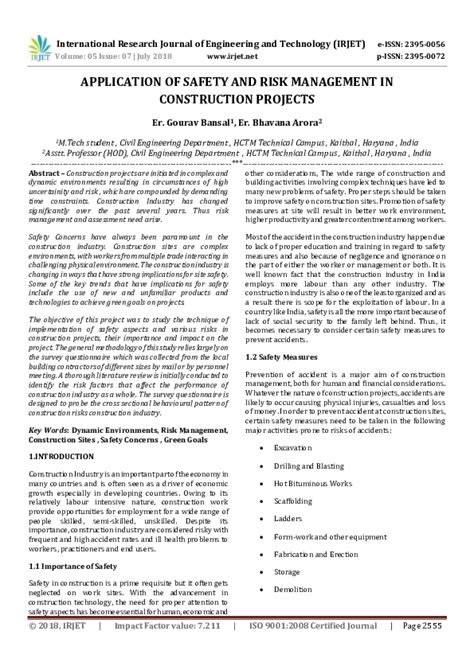 Pdf Irjet Application Of Safety And Risk Management In Construction Projects