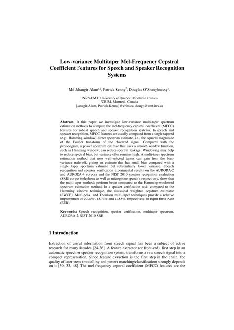 Pdf Low Variance Multitaper Mel Frequency Cepstral Coefficient Features For Speech And Speaker