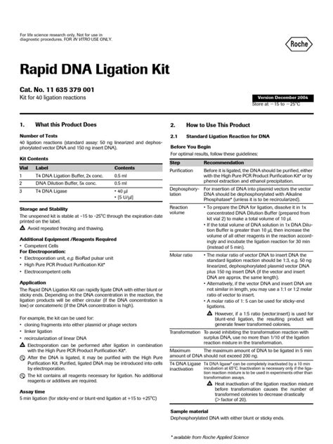 Roche Rapid Dna Ligation Pdf Dna Ligase Transformation Genetics