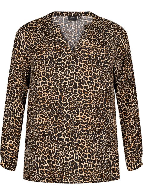 Langærmet Bluse Med Leopard Print Og V Hals Brun Str 40 64 Zizzi