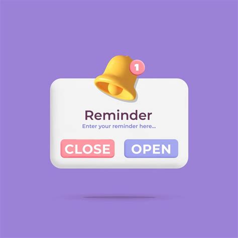 벨 기호 모형 디자인 일러스트레이션이 있는 3d 벡터 미리 알림 또는 경고 푸시 알림 창 프리미엄 벡터