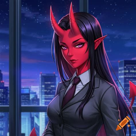 Red Skinned Girl With Goblin Ears And Horns Posing In Front Of A Shop