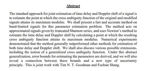 Cross Ambiguity Functions And Estimation Of Time Delay And Doppler Shift Department Of Mathematics