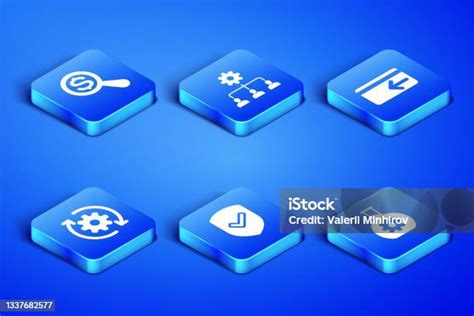 세트 생명 공학 돋보기와 달러 체크 마크방패 기어 화살표 워크플로우 리드 관리 및 캐시 백 아이콘 벡터 3차원 형태에 대한 스톡