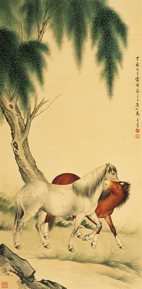 马晋 戏马图 黄背景 60X122国画超高清大图原图扫描真迹全图书画图片下载