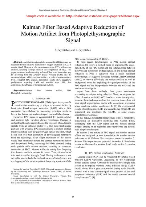 Pdf Kalman Filter Based Adaptive Reduction Of Motion Artifact From Photoplethysmographic Signal
