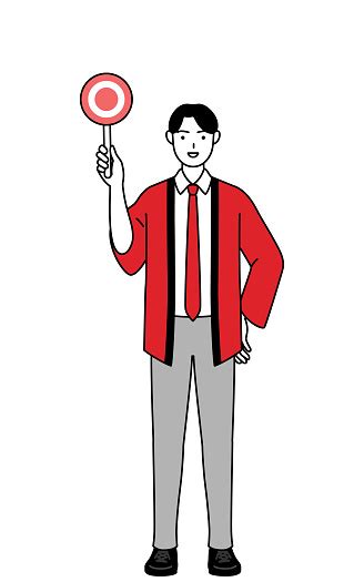 빨간 해피 코트를 입은 남자가 정답을 보여주는 마루 플래카드를 들고 있다 관사에 대한 스톡 벡터 아트 및 기타 이미지 관사