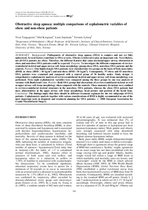 Pdf Obstructive Sleep Apnoea Multiple Comparisons Of Cephalometric Variables Of Obese And Non