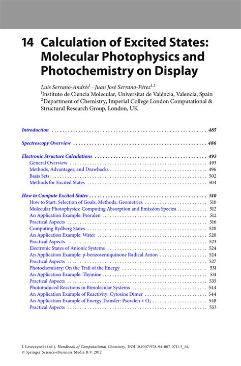 Pdf Calculation Of Excited States Molecular Photophysics And