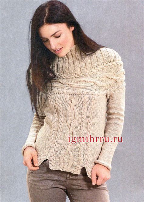 Теплый бежевый пуловер с круглой кокеткой связанной поперек Вязание спицами Свитер Модные