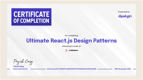 Dipakgiris Certification For Ultimate Reactjs Design Patterns Codedamn
