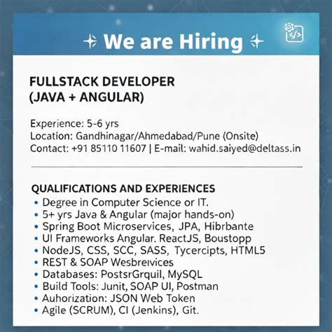 🔥 We Are Hiring Fullstack Developer Java Angular 📌 Experience 5