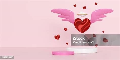 빨간 심장 날개 비행 구름 반지 절연 통하고 있는 분홍색 배경 와 있는 3d 연단 해피 발렌타인 데이 컨셉 3d 일러스트레이션 렌더링 3차원 형태에 대한 스톡 사진 및 기타